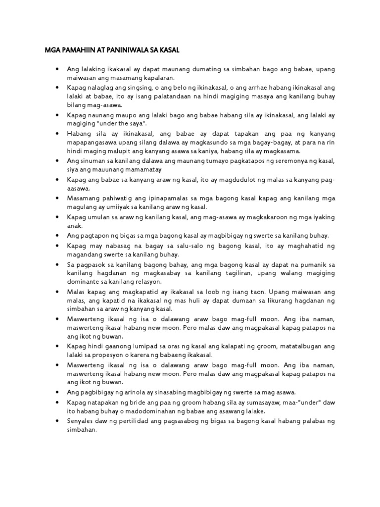 Mga Pamahiin at Paniniwala Sa Kasal | PDF
