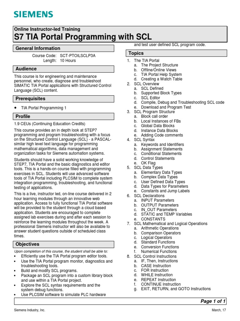 S7 TIA Portal Programming With SCL: Online Instructor-Led Training | PDF | C (Programming ...