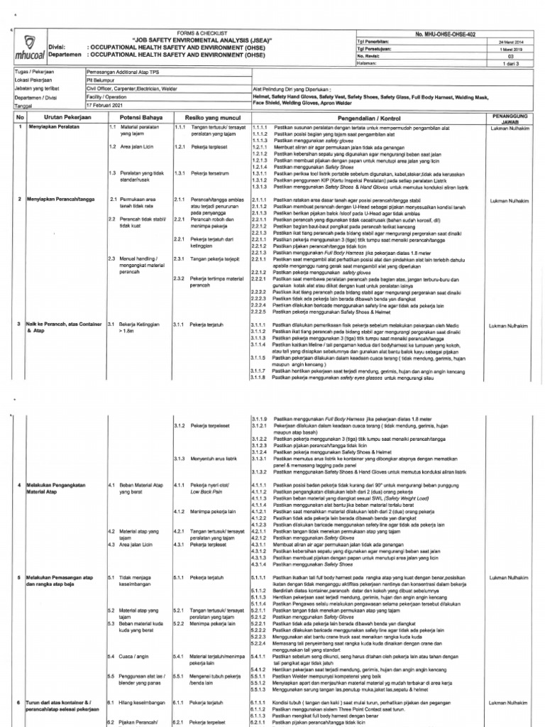 JSA Pemasangan Atap Additional TPS | PDF