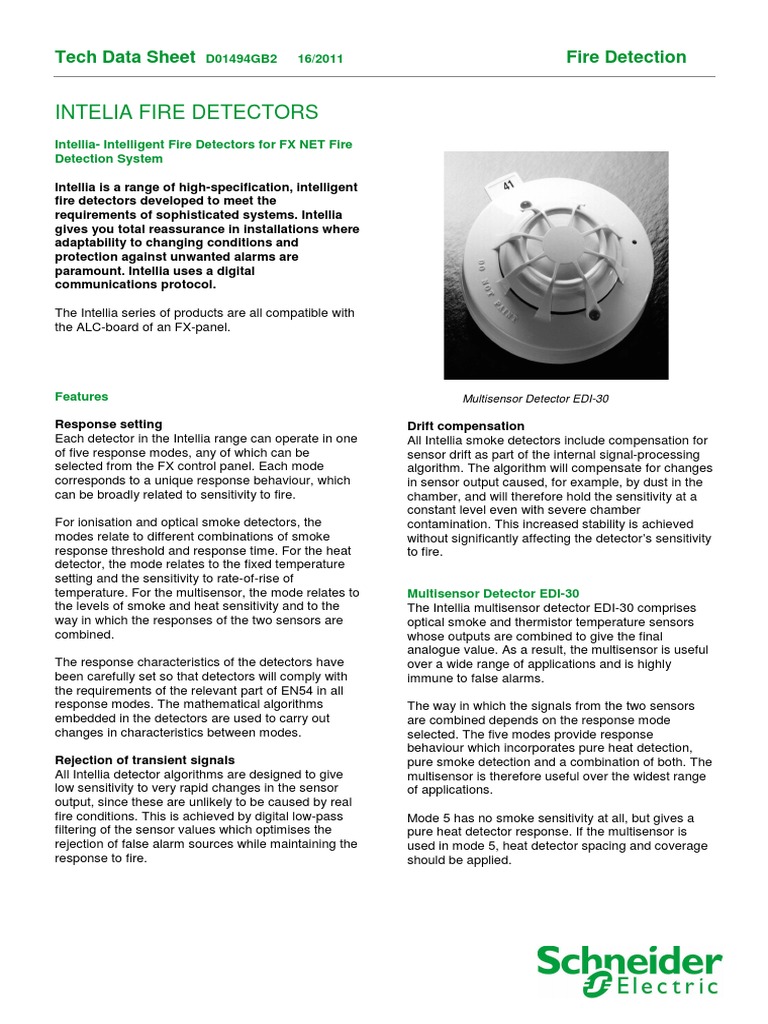 Intelia Fire Detectors: Tech Data Sheet Fire Detection | PDF | Sensor ...