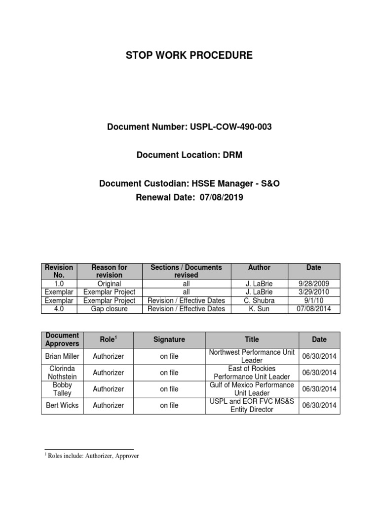 Stop Work Procedure: Document Number: USPL-COW-490-003 | PDF | Safety ...