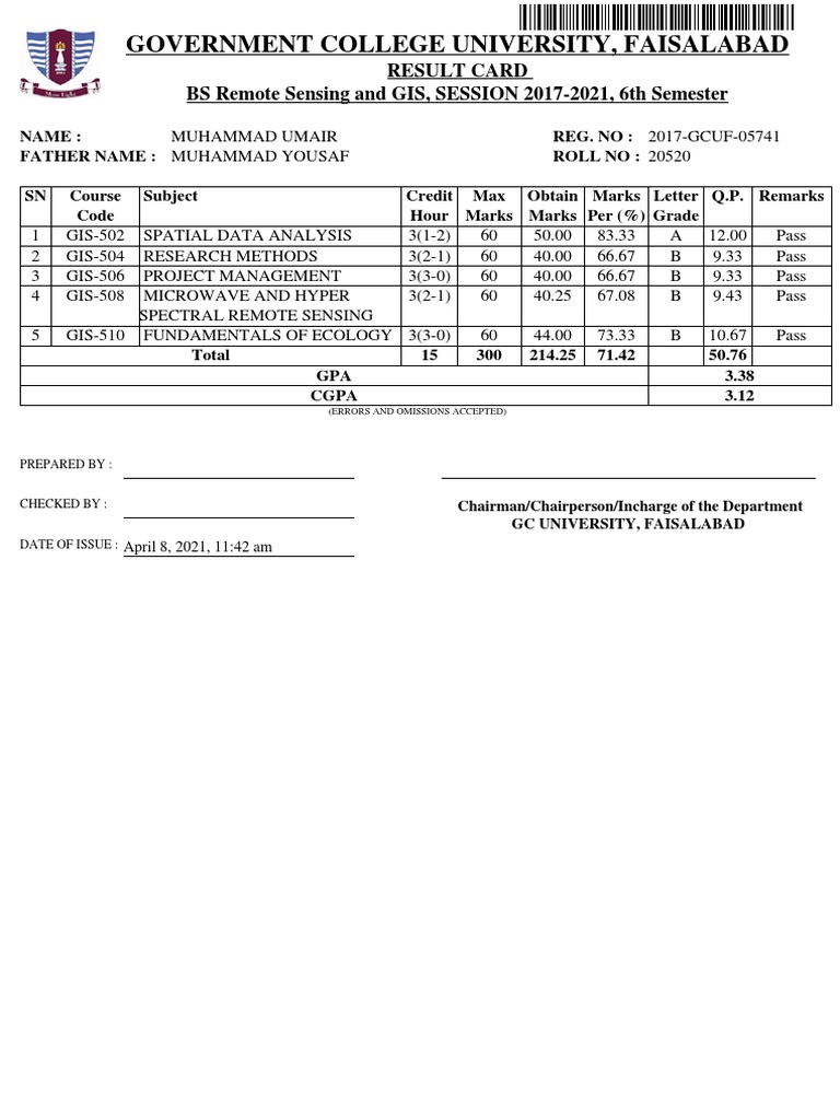 Government College University, Faisalabad: Result Card BS Remote ...
