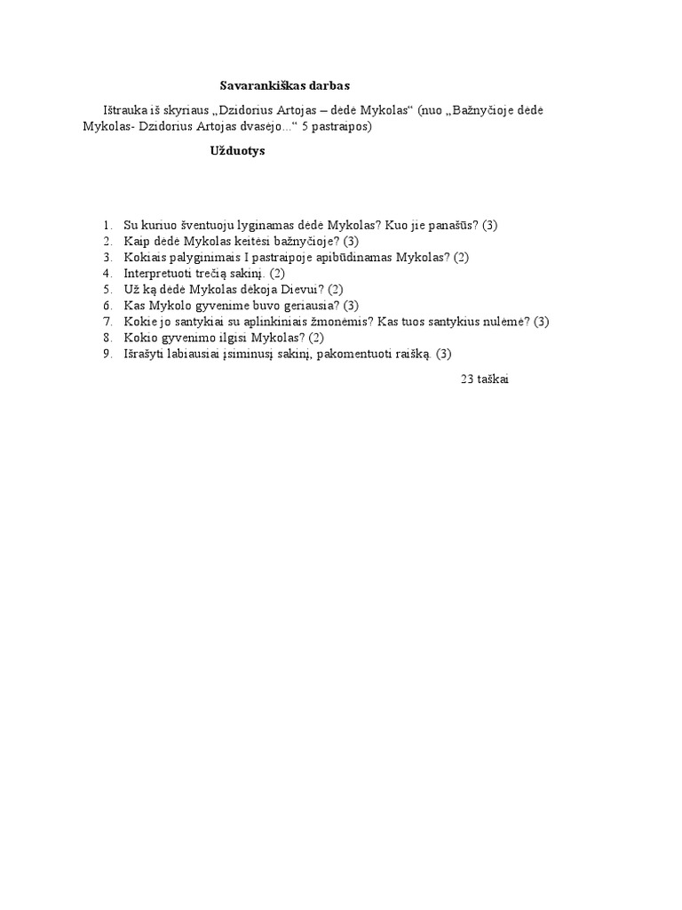 Dedes Ir Dedienes - Teksto Suvokimo Uzduotys | PDF