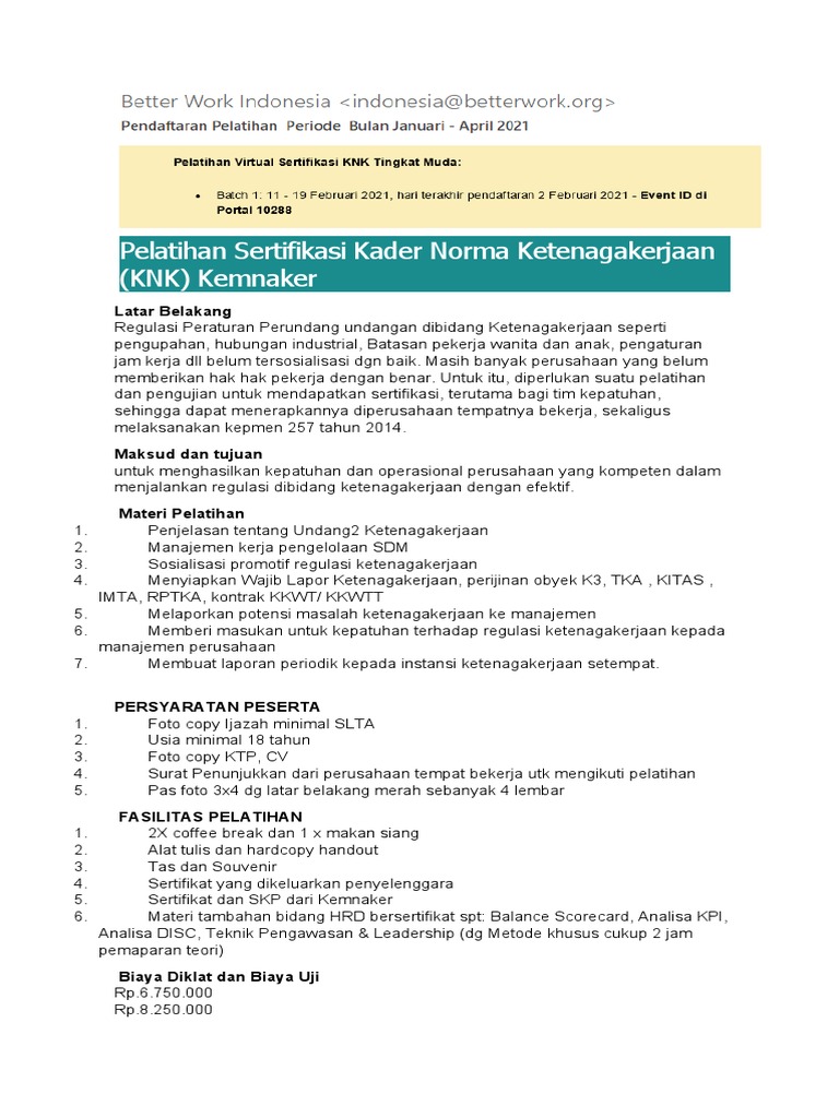 Pelatihan Sertifikasi Kader Norma Ketenagakerjaan (KNK) Kemnaker | PDF