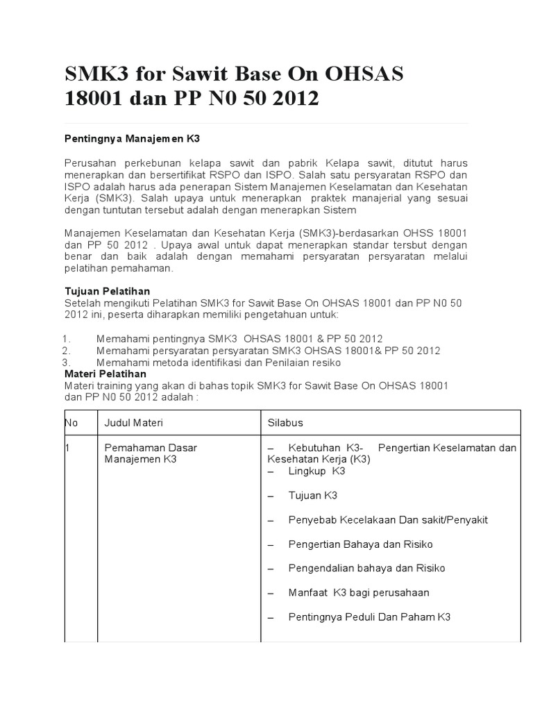 SMK3 For Sawit Base On OHSAS 18001 Dan PP N0 50 2012 | PDF