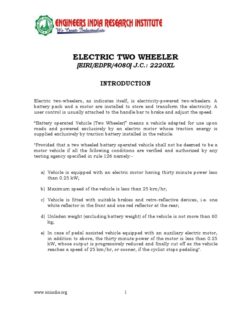 Project Report On Electric Two Wheeler | PDF | Vehicles | Brake