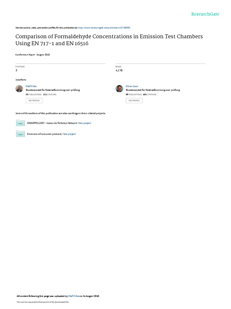 Comparison of Formaldehyde Concentrations in Emission Test Chambers ...