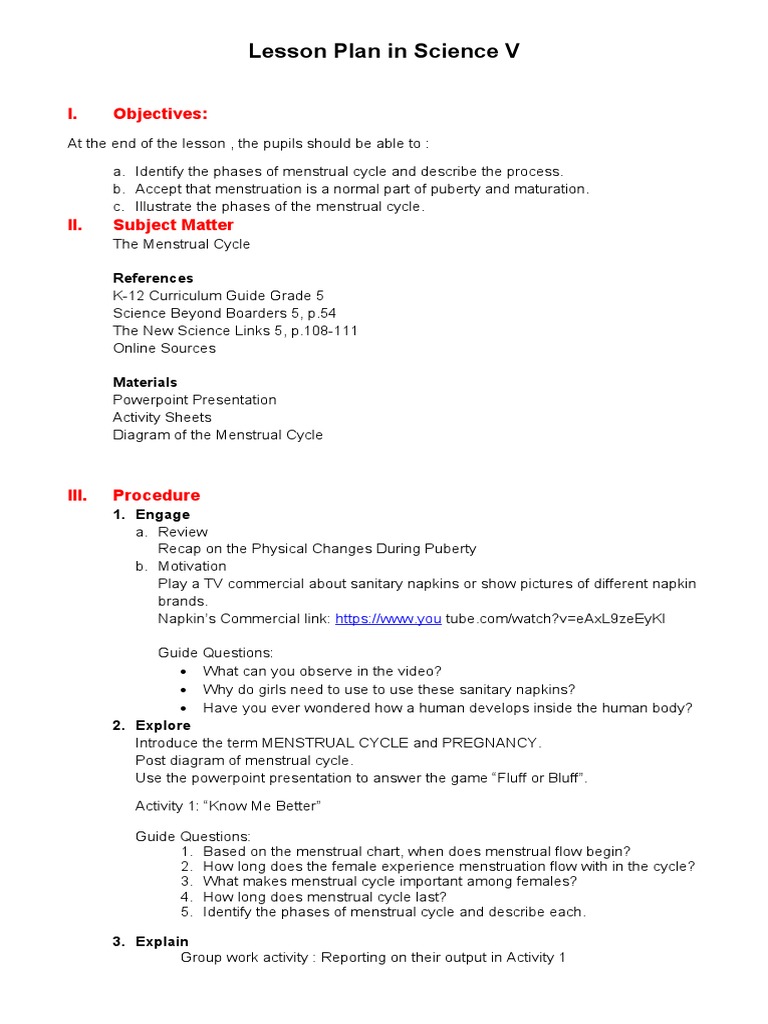 Menstrual Cycle Lesson Plan for Grade 5 | PDF | Menstrual Cycle ...