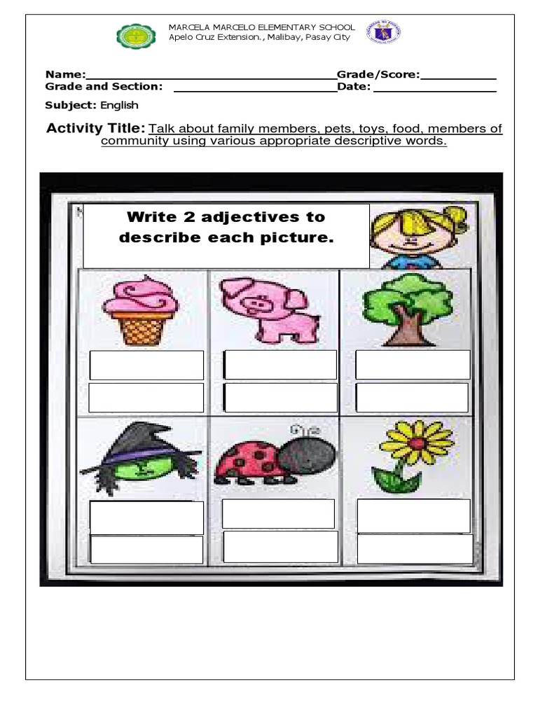 Write 2 Adjectives To Describe Each Picture.: Activity Title | PDF ...