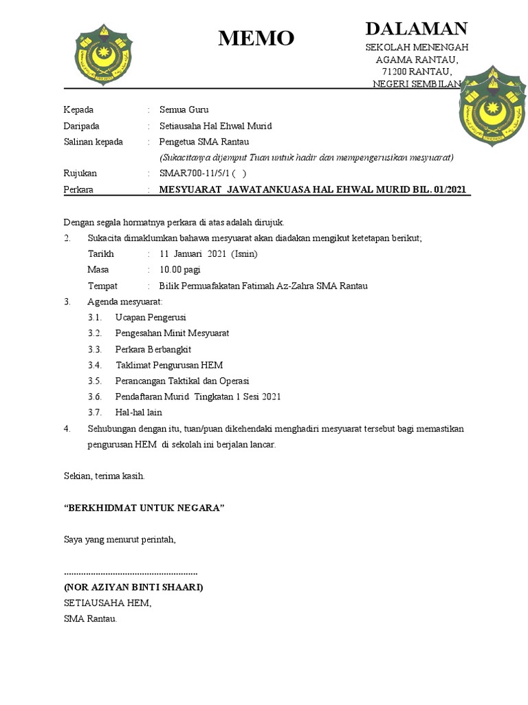 Memo Mesyuarat Hem 1 2021 | PDF