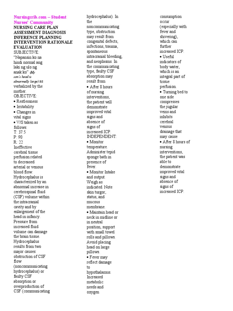 Hydrocephalus Nursing Care Plan | PDF | Cerebrospinal Fluid | Vein