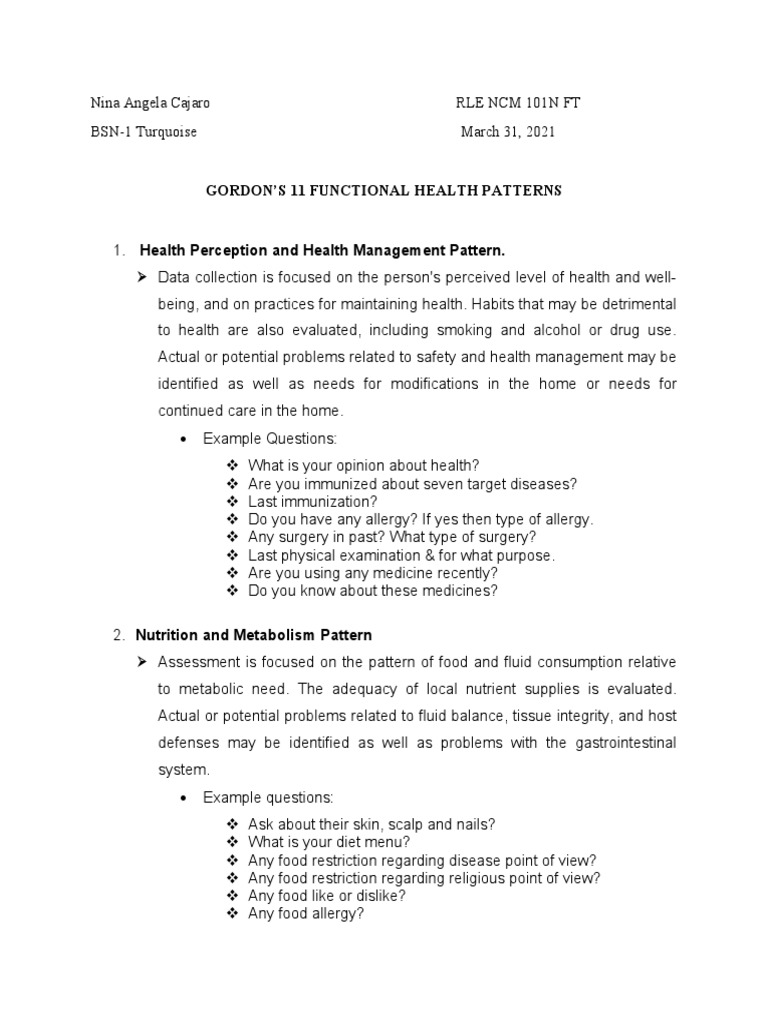 Gordon's 11 Functional Health Patterns | PDF | Sleep | Perception