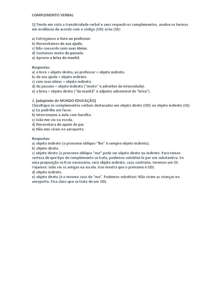 Complemento Verbal Exercícios | PDF