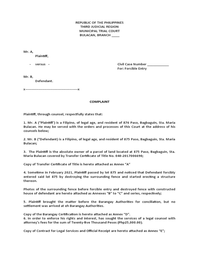 Complaint For Forcible Entry | PDF | Complaint | Pleading