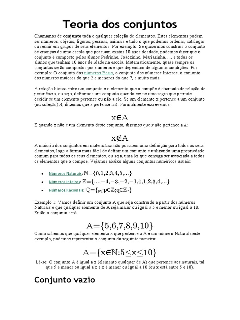 Teoria Dos Conjuntos. Conteúdo | PDF | Conjunto (Matemática) | Números