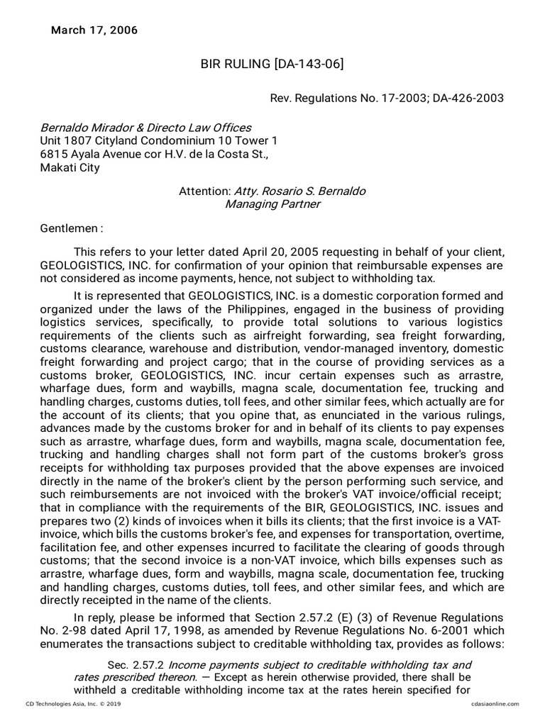 BIR Ruling | PDF | Withholding Tax | Payments