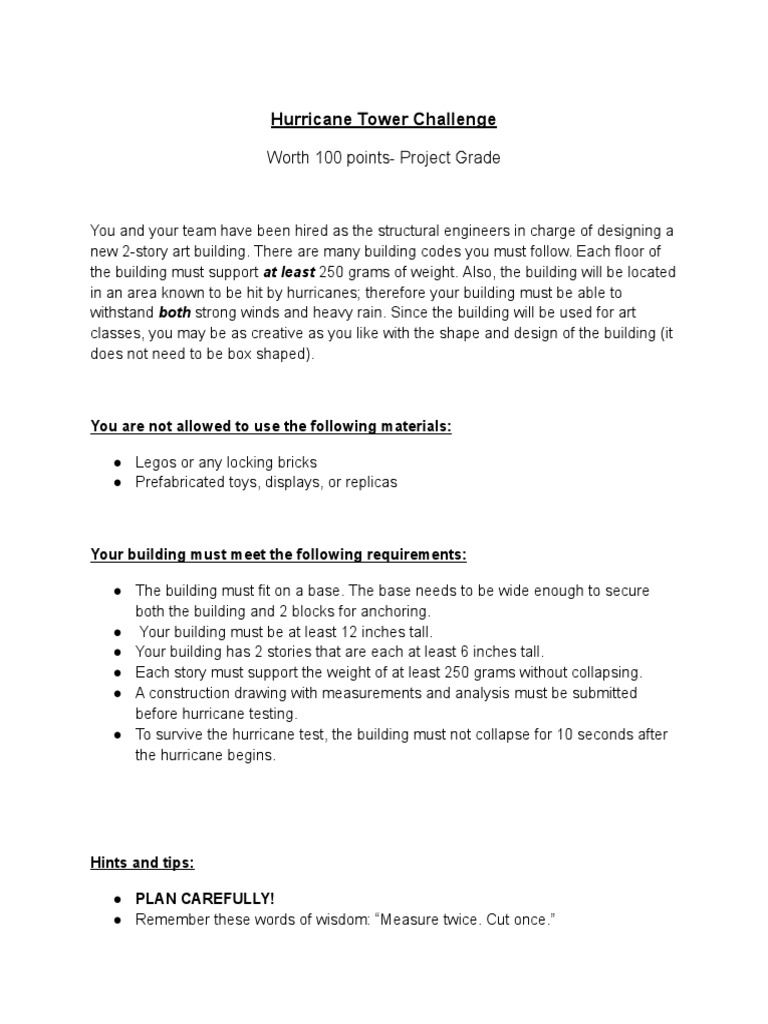 Hurricane Tower Challenge - Climate and Weather Project | PDF ...