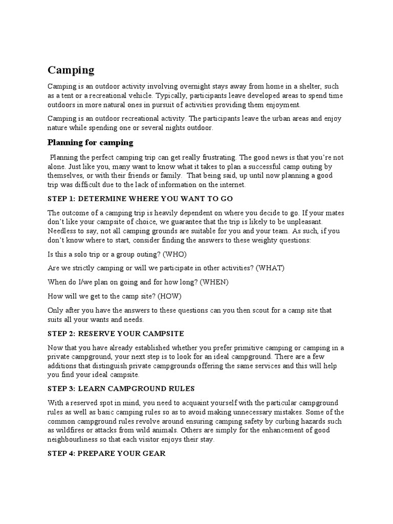Planning For Camping | PDF | Camping | Campsite