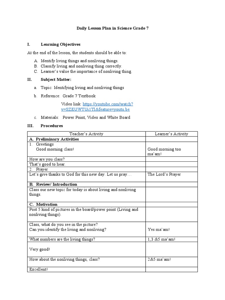 Daily Lesson Plan in Science Grade 7 | PDF | Life | Metabolism