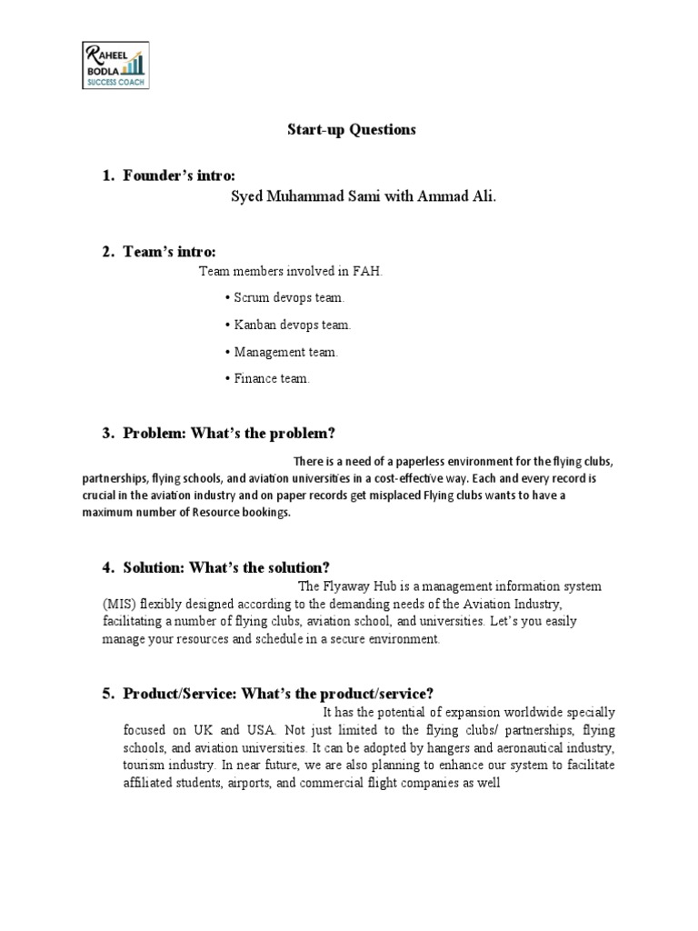 Start-Up Questions 1. Founder's Intro: Syed Muhammad Sami With Ammad Ali | PDF | Startup Company ...