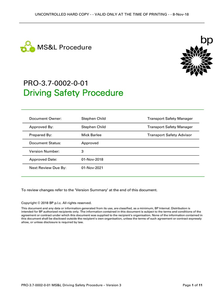 BP Driving Safety Procedure | PDF | Vehicles | Seat Belt