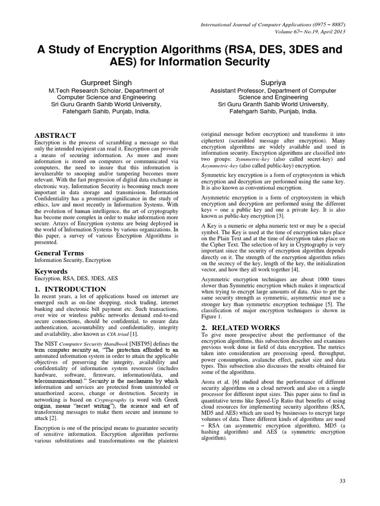 A Study of Encryption Algorithms (RSA, DES, 3DES and AES) For Information Security | PDF ...