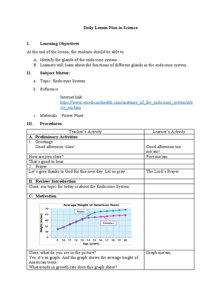 Lesson Plan Endocrine System | PDF | Hormone | Endocrine System