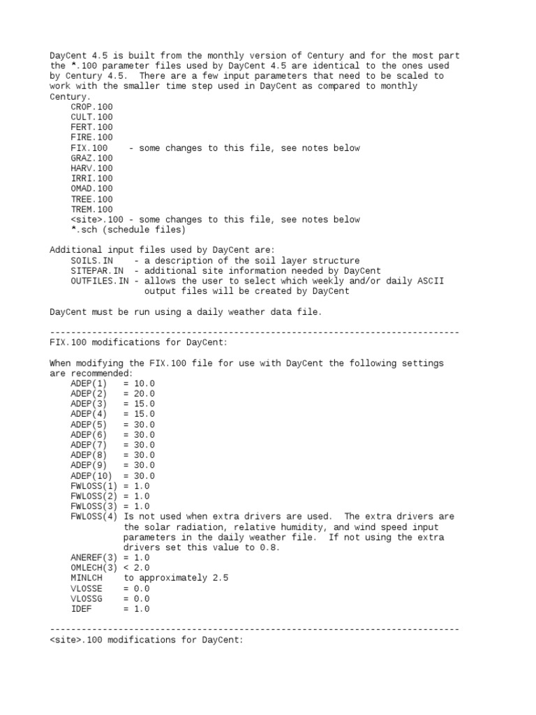 DayCent 4.5 Model Input Files Guide | PDF | Soil | Snow