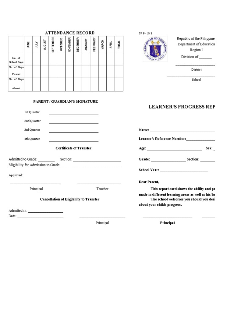 SF 9 - JHS ( (Learner's Progress Report Card B) | PDF | Learning | Behavior Modification