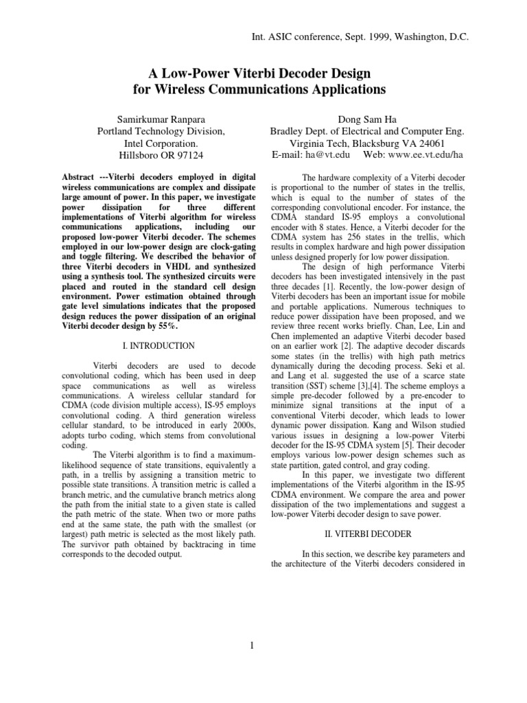 A Low-Power Viterbi Decoder Design For Wireless Communications Applications | PDF | Electronic ...