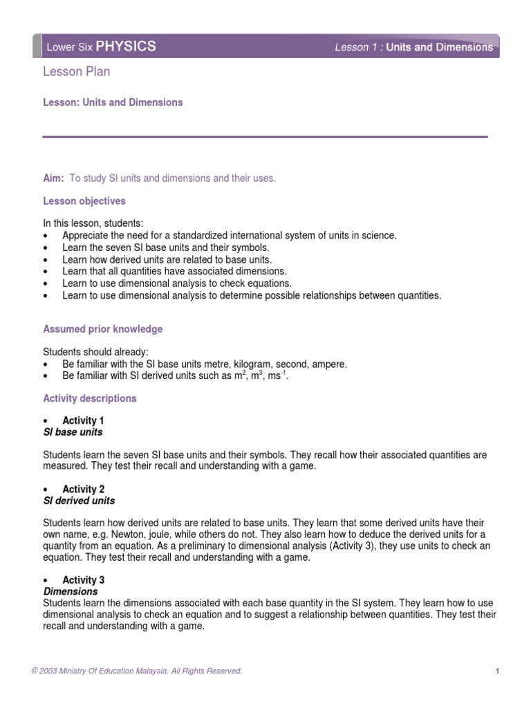 Lesson Plan: Lesson: Units and Dimensions | Download Free PDF ...