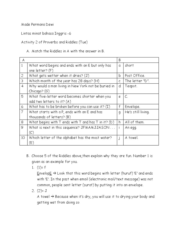 Activity 2 of Proverbs and Riddles (Tue) | PDF | Human Communication ...