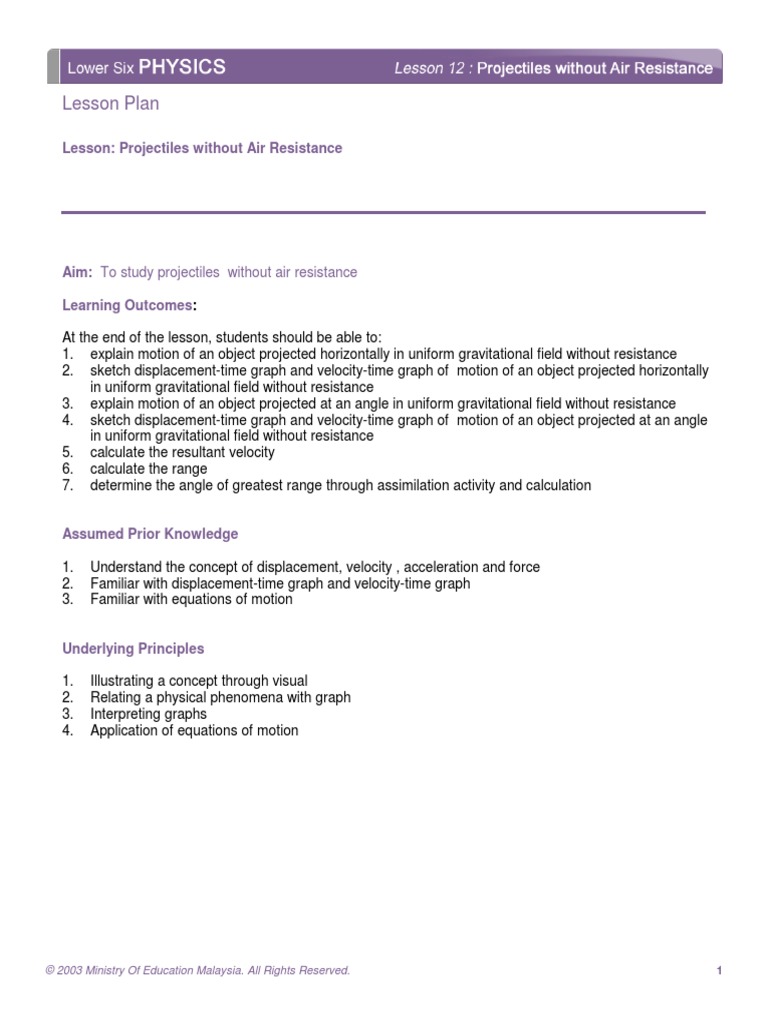 Lesson Plan: Lesson: Projectiles Without Air Resistance | Download Free ...