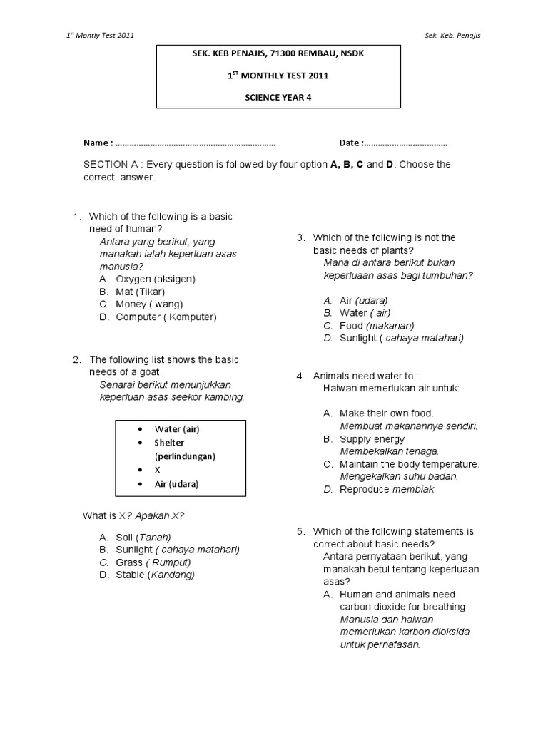 Monthly Test - Science Year 4 - Part A | Download Free PDF | Zoology ...