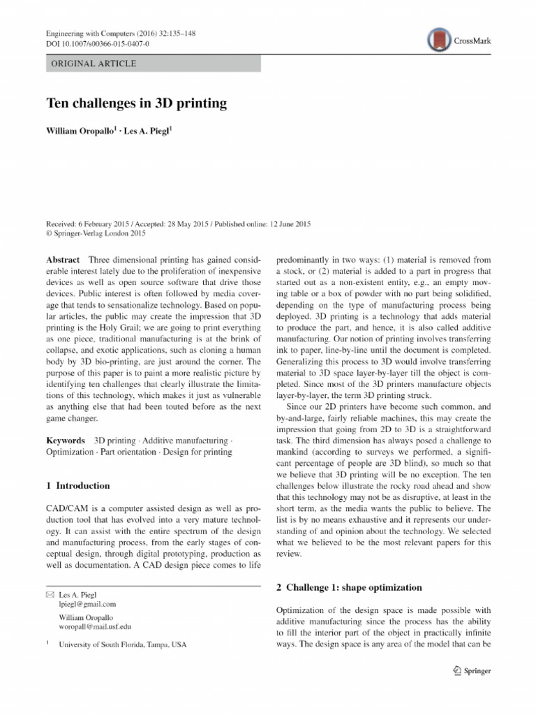 Ten Challenges in 3D Printing - Enhanced Reader | PDF