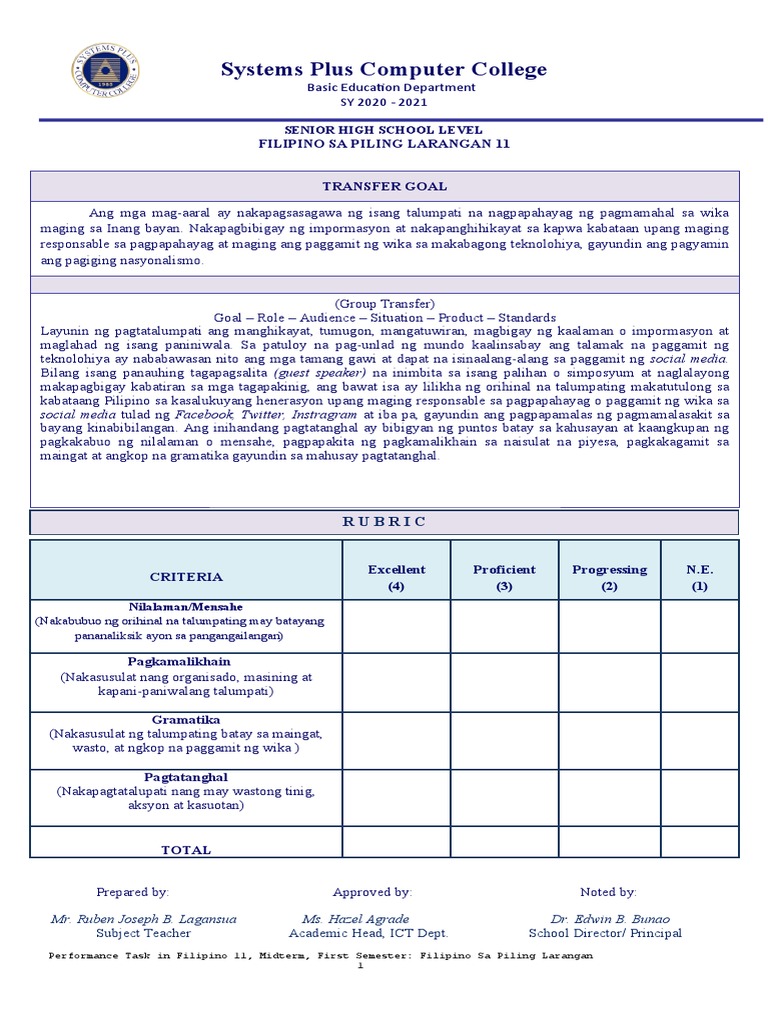 Performance Task Proposal - PilingLarangan | PDF