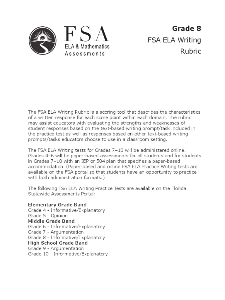 FSA ELA Writing Rubric: Grade 8 | PDF | Rubric (Academic) | Cognition