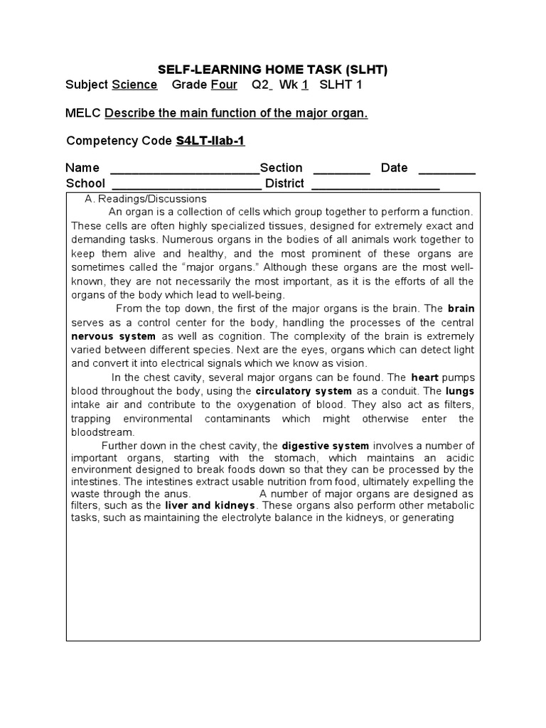 Self-Learning Home Task (SLHT) : Nervous System As Well As Cognition ...