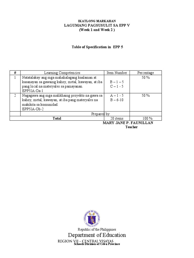 EPP Third Quarter First Summative With Table of Specification in EPP 5 | PDF