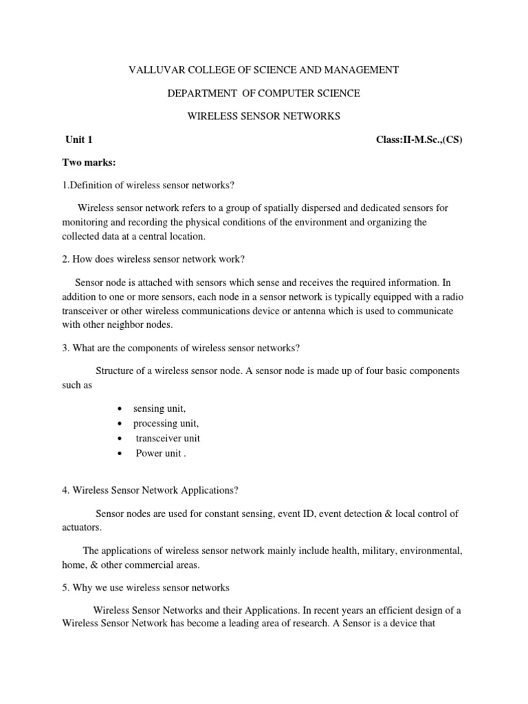 Unit 1 Class:II-M.Sc., (CS) Two Marks | PDF | Wireless Sensor Network ...