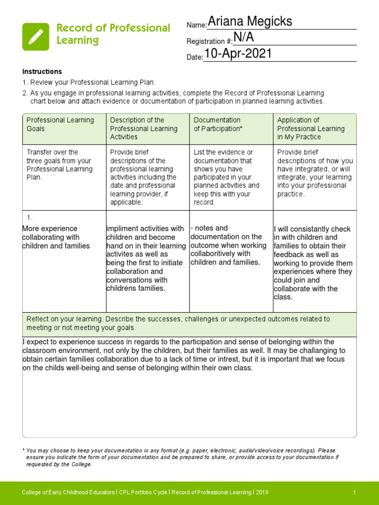 Record of Professional Learning | PDF | Early Childhood Education | Learning