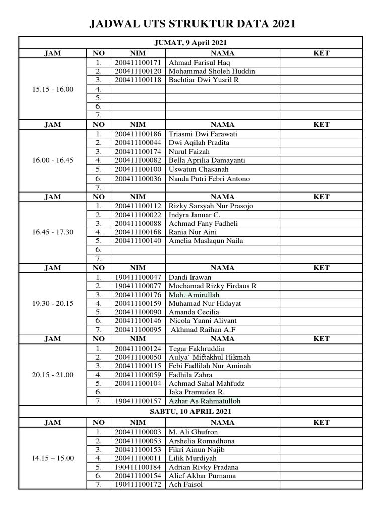 JADWAL UTS STRUKTUR DATA 2021 - C Dan A | PDF