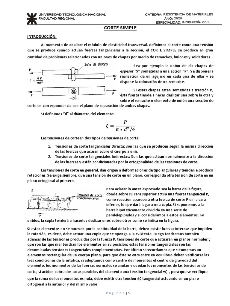Corte Simple | PDF | Esfuerzo cortante | Estrés (Mecánica)