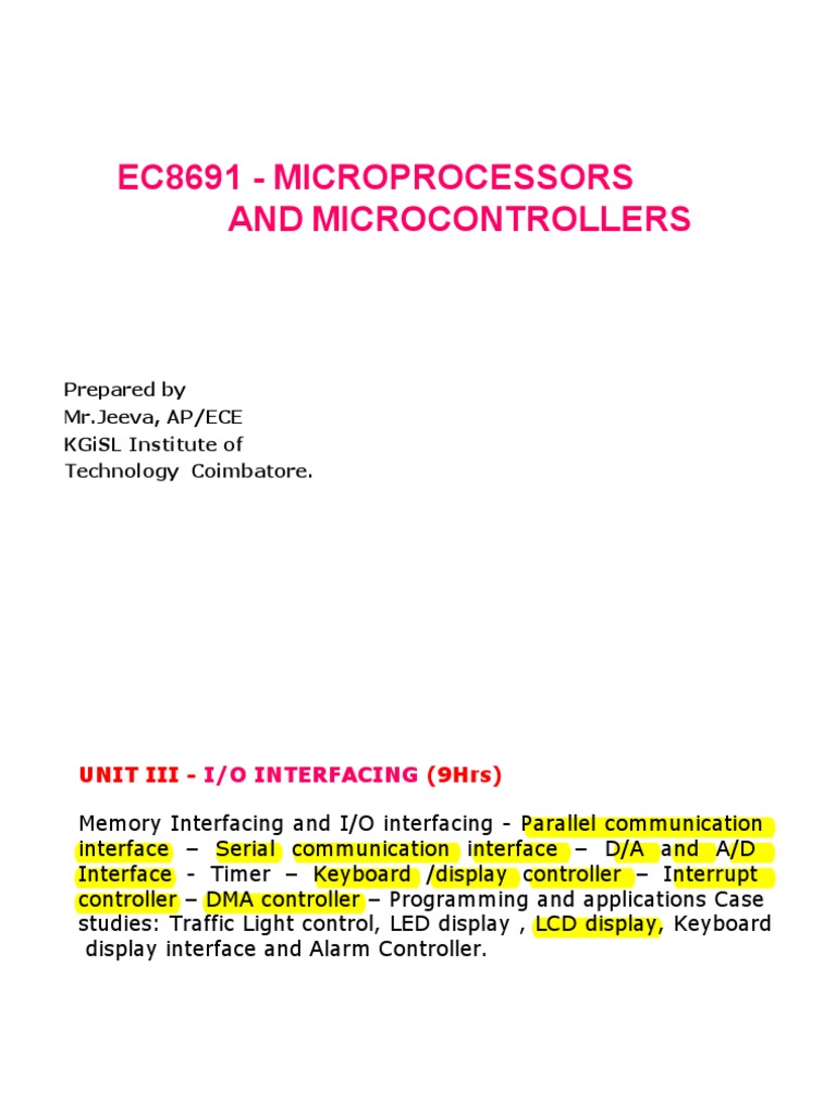 Ec8691 - Microprocessors and Microcontrollers: Prepared by MR - Jeeva, Ap/Ece Kgisl Institute of ...
