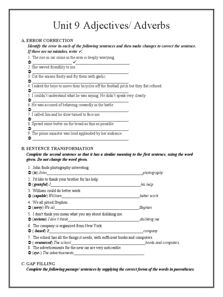 Unit 9 Adjectives/ Adverbs: A. Error Correction | PDF | Adverb