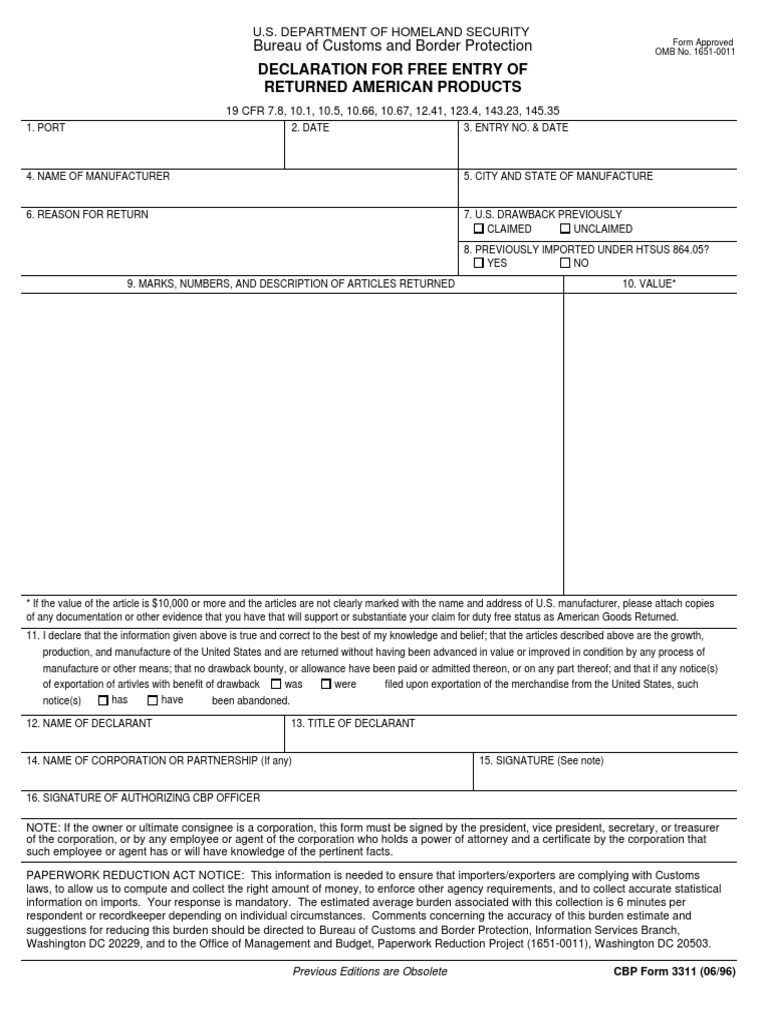 Free Entry Declaration for Returned Goods | PDF | U.S. Customs And ...