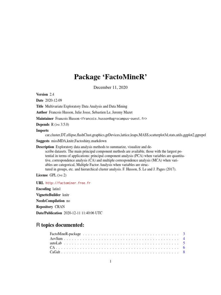 Package Factominer': R Topics Documented | PDF | Principal Component Analysis | Factor Analysis