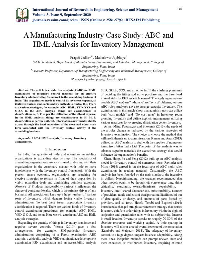 A Manufacturing Industry Case Study: ABC and HML Analysis For Inventory ...
