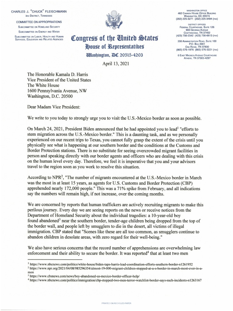 VP Kamala Harris Letter U.S. - Mexico Border | PDF