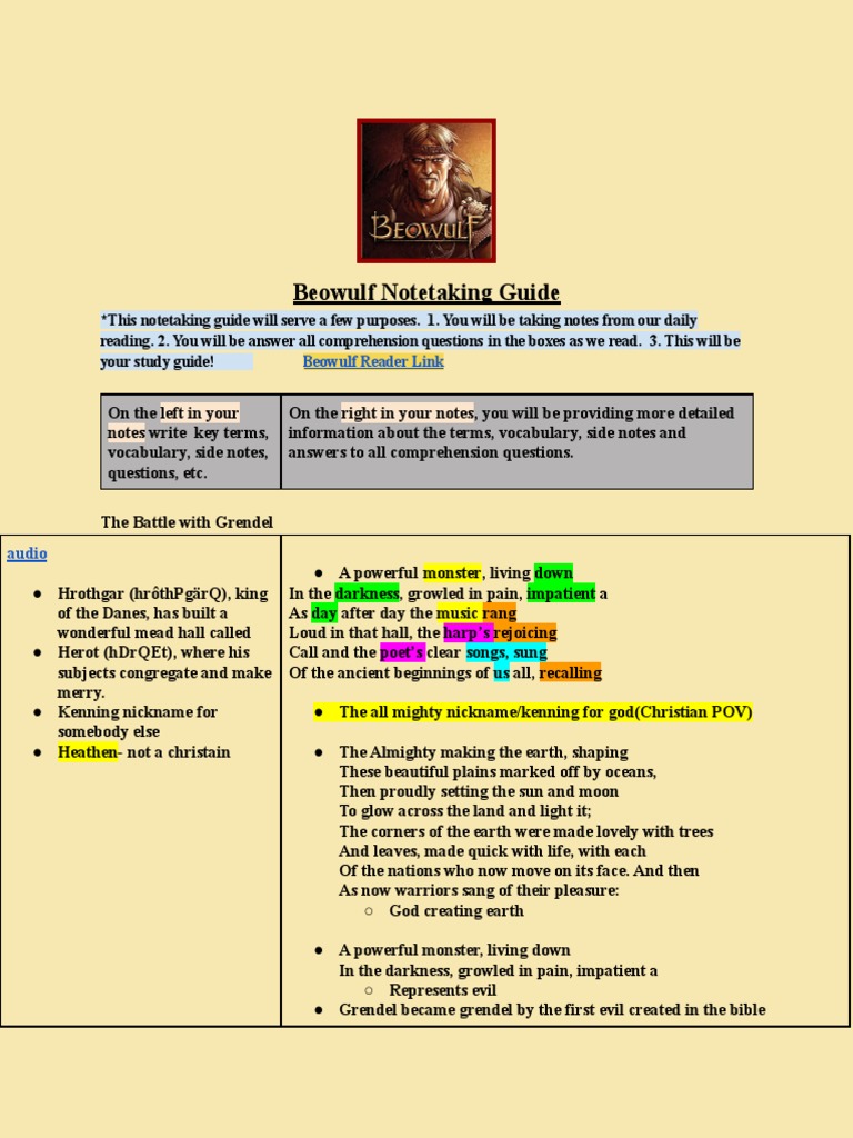 Landan Vue - Beowulf Reading Guide | PDF | Beowulf | Geats